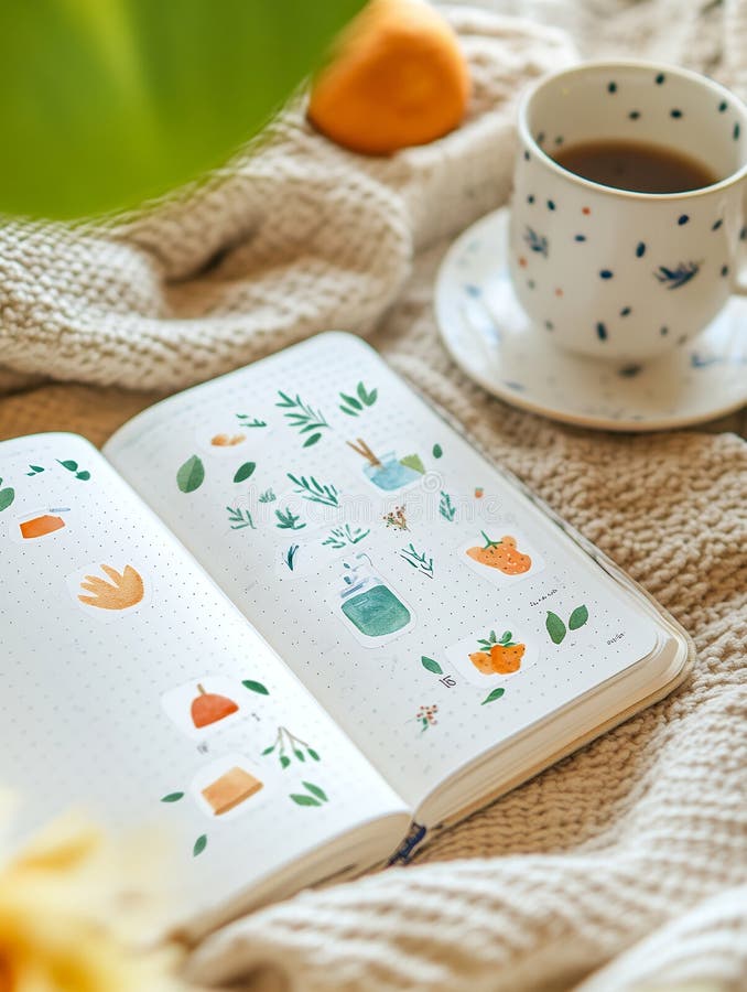 A Cozy Scene with a Journal Featuring Botanical Illustrations and a Cup ...