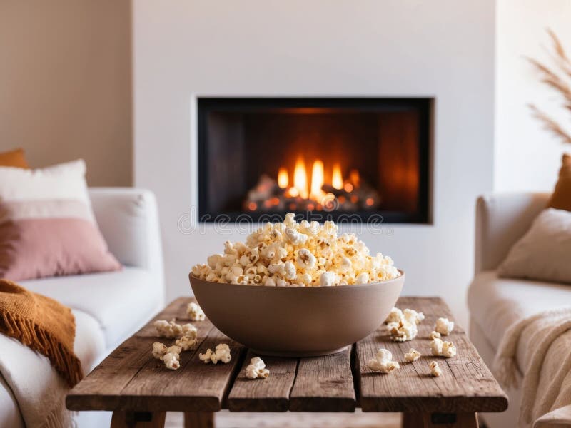 Cozy Scene with Popcorn and Fireplace Ambiance. Stock Image - Image of ...