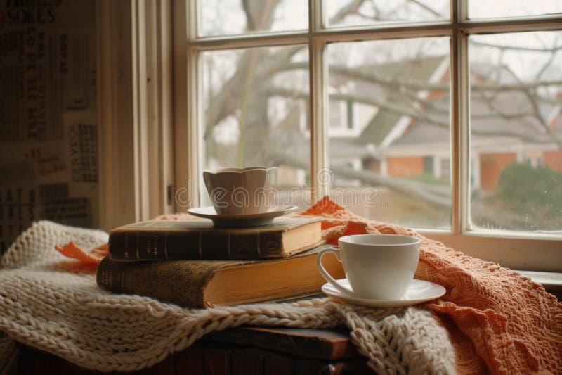 A Cozy Scene Showcasing a Stack of Books and a Cup Resting on a Window ...