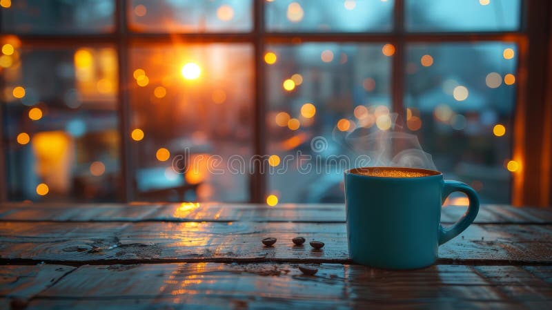 Cozy Scene with a Steaming Cup of Coffee and Bokeh Lights - Generative ...