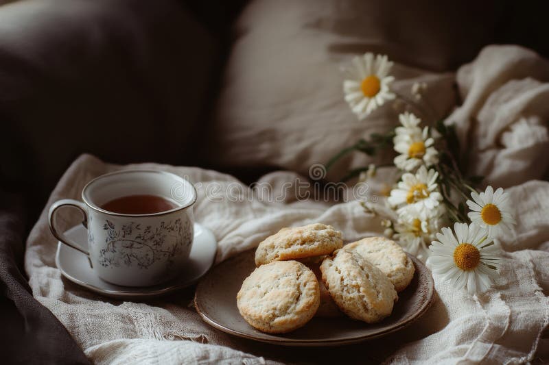 A Cozy Scene with Tea, Biscuits, and Flowers on a Soft Blanket Stock ...