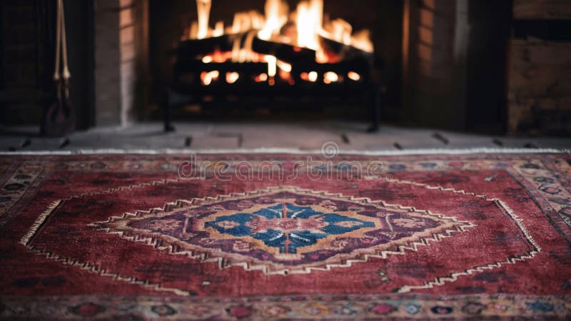A Cozy Scene with a Vintage Rug and Fire Stock Illustration ...