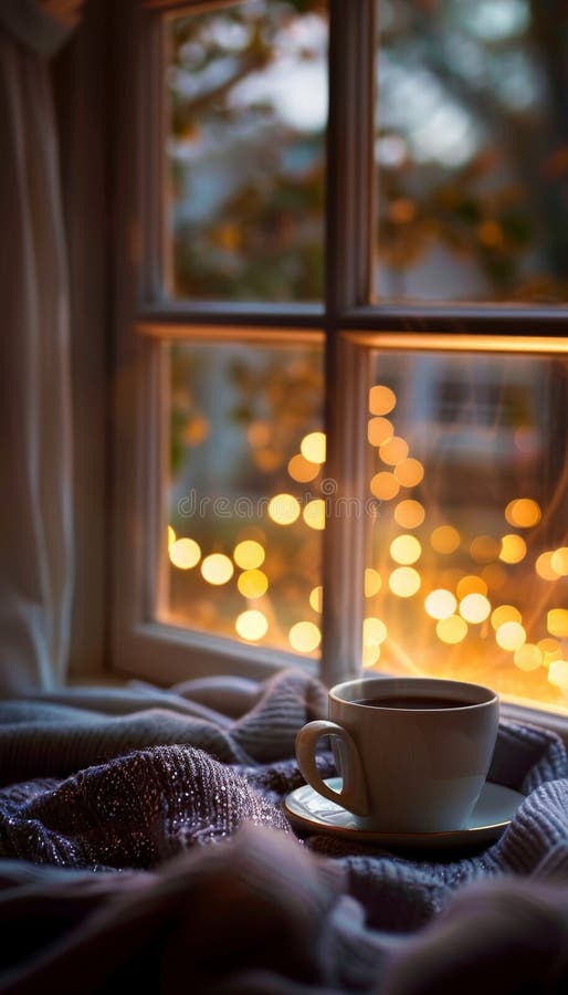 A Cozy Scene a Warm Cup of Coffee by a Night Lit Window Inviting ...