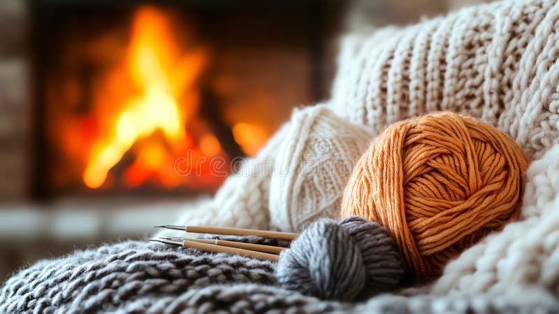 A Cozy Scene with a Warm Fire and Knitting Supplies Stock Illustration ...
