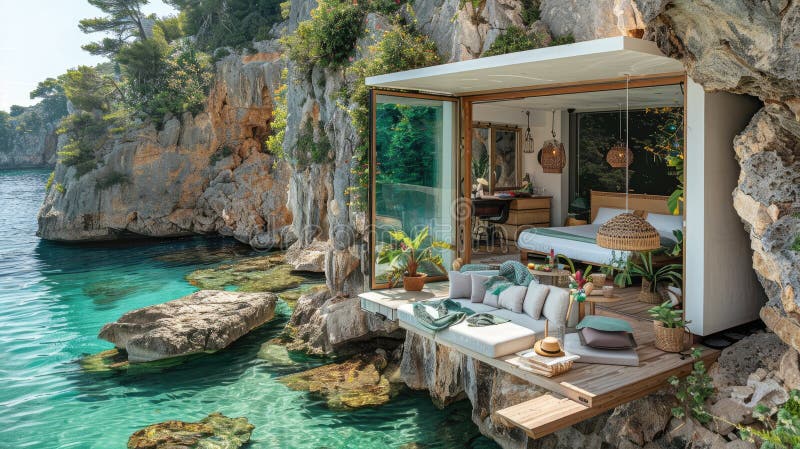 Cozy Seaside Cabana with Open Kitchen and Stunning View Stock ...