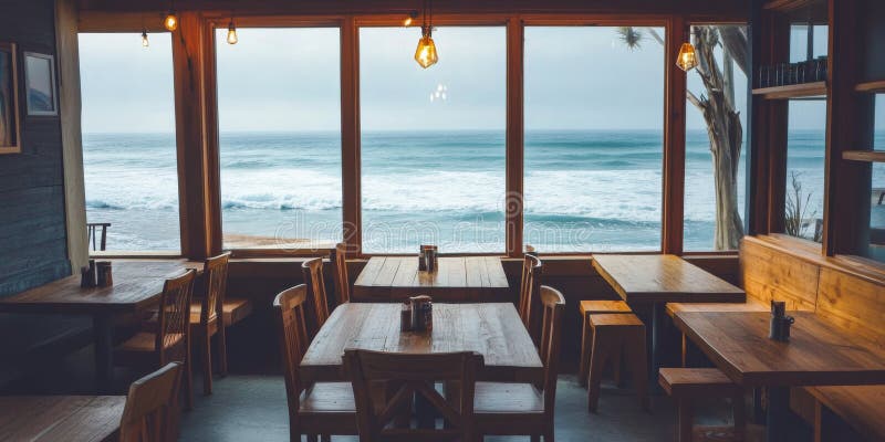 A Cozy Seaside Cafe with Rustic Wooden Tables, Warm Lighting, and Large ...