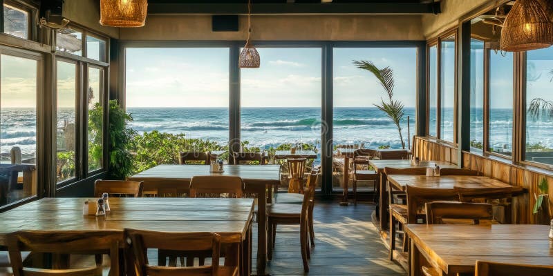 A Cozy Seaside Cafe with Rustic Wooden Tables, Warm Lighting, and Large ...