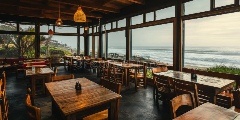 A Cozy Seaside Cafe with Rustic Wooden Tables, Warm Lighting, and Large ...