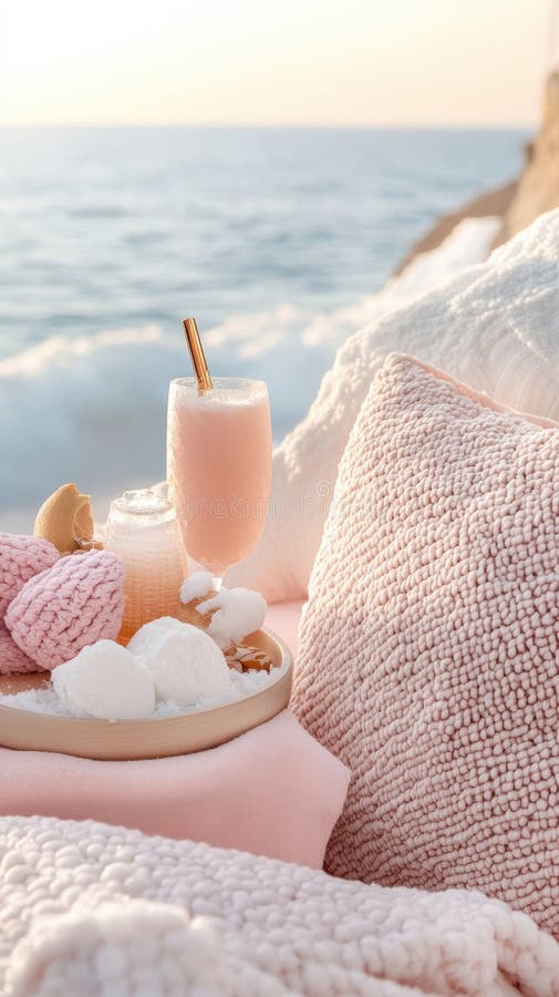 Cozy Seaside Setup with Pink Pillows and a Refreshing Drink at Sunset ...