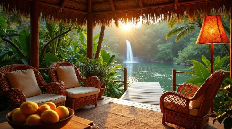 Relaxing Retreat with a View of a Waterfall in a Tropical Setting ...
