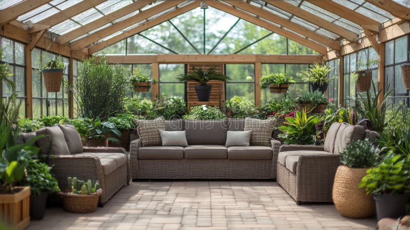 Cozy Seating Area Surrounded by Lush Greenery in a Tranquil Greenhouse ...