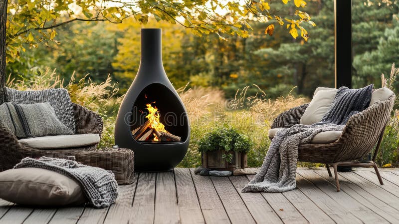 Cozy Outdoor Seating with Modern Chiminea for Warm Autumn Evenings ...