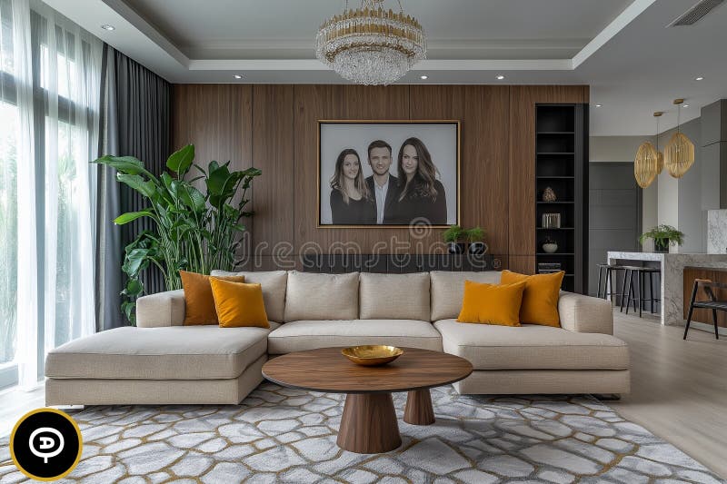 Cozy Sectional Sofa Setup with Wooden Table and Gray Rug Stock Image ...