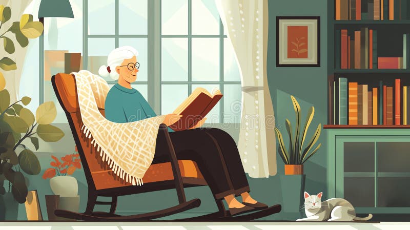 Cozy Senior Reading Illustration Stock Image - Image of books, quiet ...