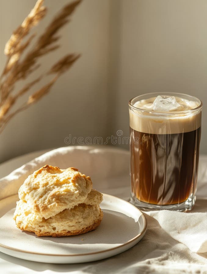 A Cozy Setting Featuring a Biscuit and Iced Coffee on a Soft Surface ...