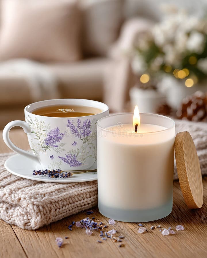 Cozy Setting with Floral Teacup and Lit Candle on Knitted Blanket Stock ...