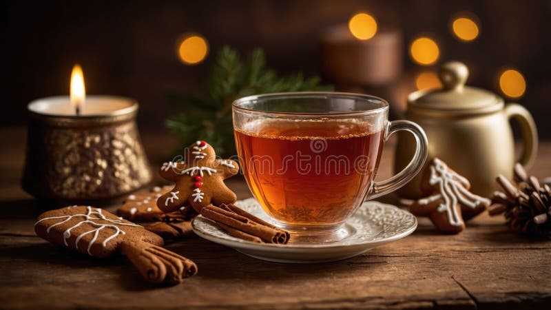 A Cozy Setting with Tea, Gingerbread Cookies, and Warm Ambiance Stock ...
