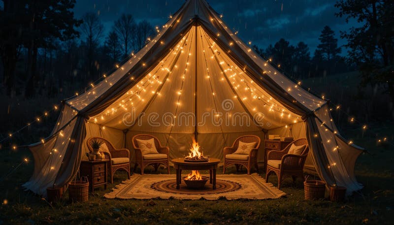 A Cozy Setup with Fairy Lights Inside a Tent, Contrasting the Dark ... A Cozy Setup with Fairy Lights Inside a Tent, Contrasting the Dark ...