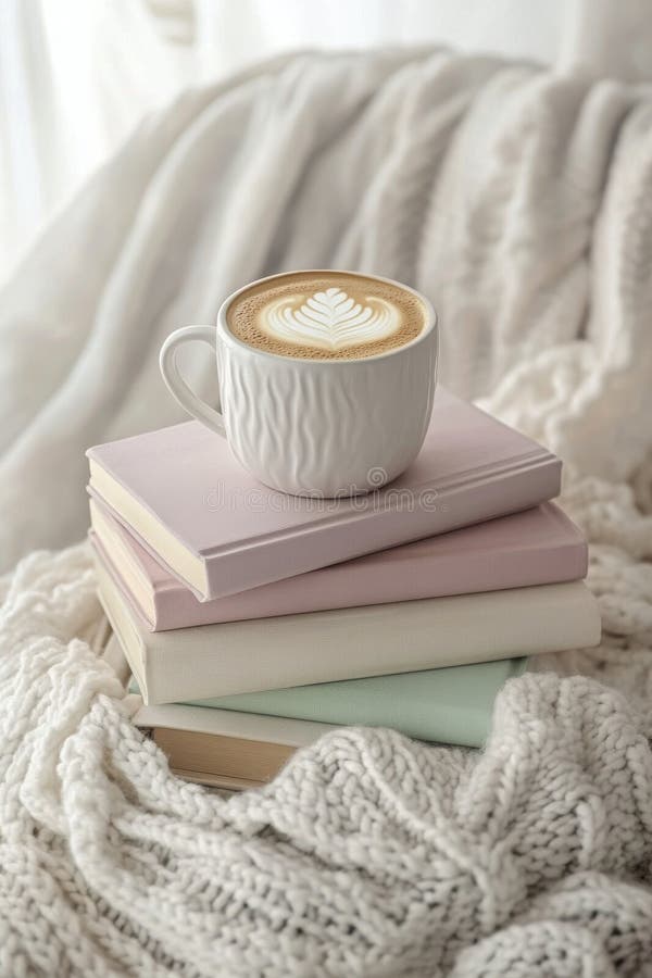 Cozy Setup with Latte Art on a Stack of Pastel Books during a Serene ...