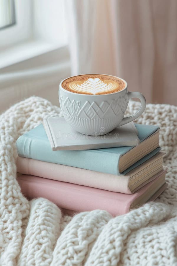 Cozy Setup with Latte Art on a Stack of Pastel Books during a Serene ...