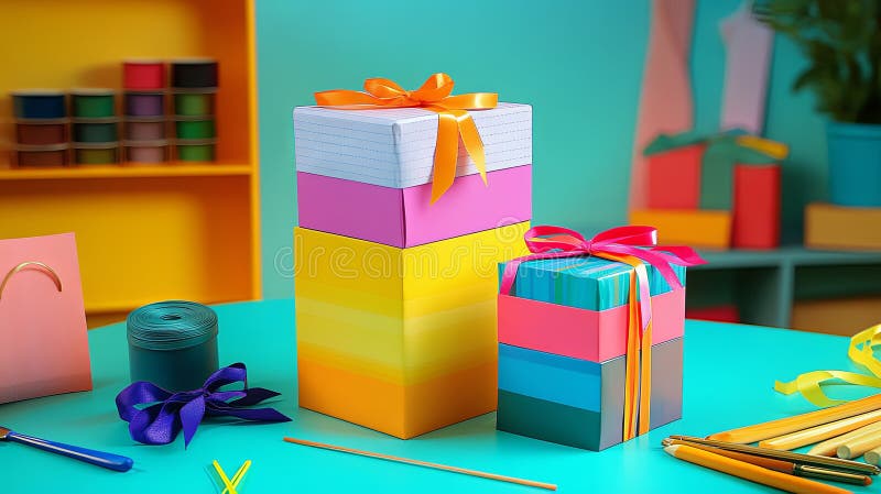 A Cozy Setup for Making DIY Gift Boxes with Colorful Papers and Stock ...