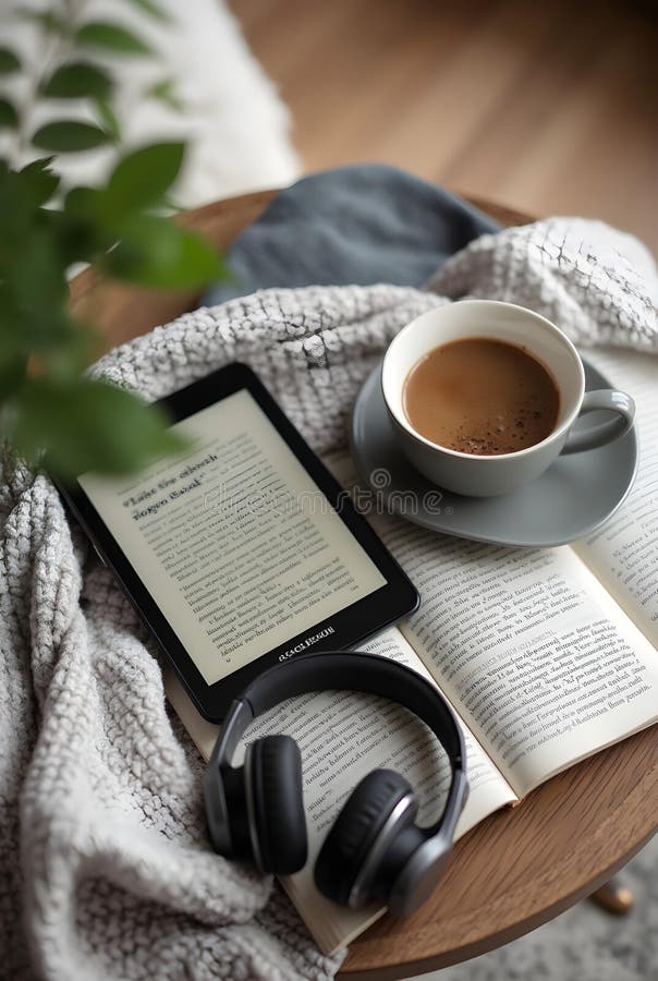 A Cozy Setup on a Wooden Surface Includes a Cup of Coffee, an E-reader ...