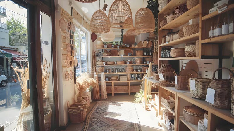 Cozy Shop Interior Filled with Natural Decor and Woven Baskets Stock ...