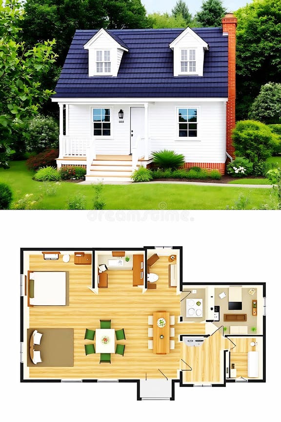Cozy Small House Design with 3D Exterior and Floor Plan Layout Stock ...