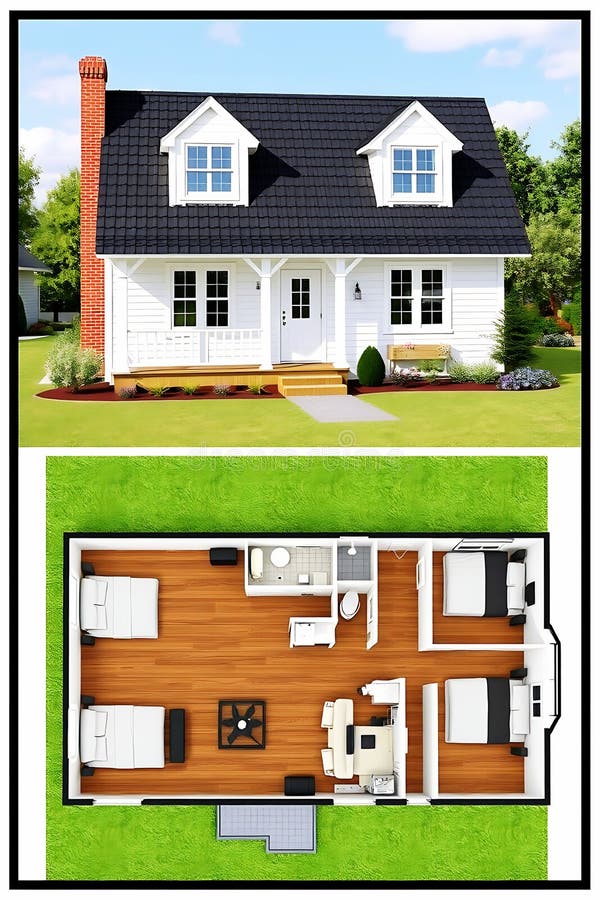Cozy Small House Design with 3D Exterior and Floor Plan Layout Stock ...
