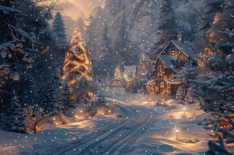 Cozy Snow-covered Cabin with Christmas Lights and Snowfall at Night ...