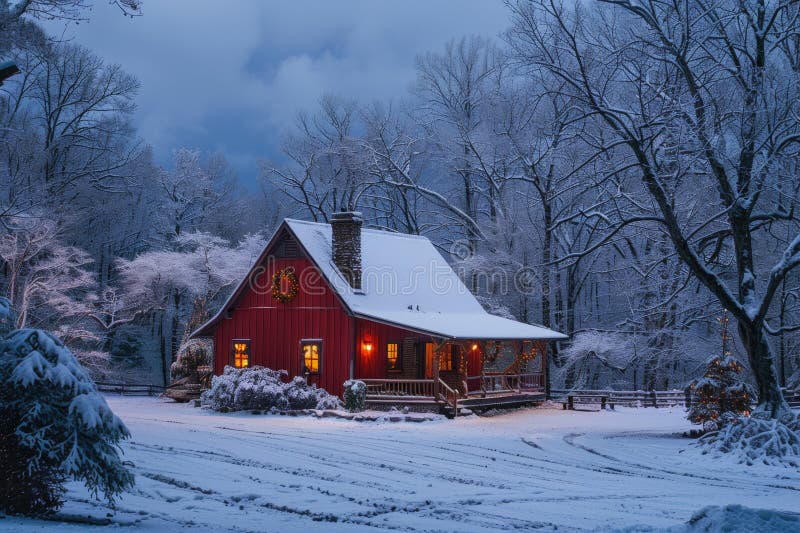 Cozy Snow-covered Cabin with Christmas Lights and Snowfall at Night ...