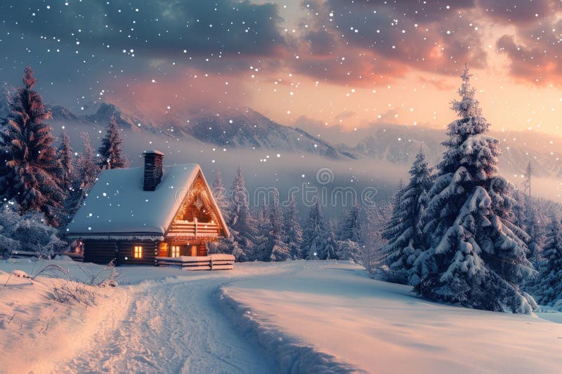 Cozy Snow-covered Cabin with Christmas Lights and Snowfall at Night ...