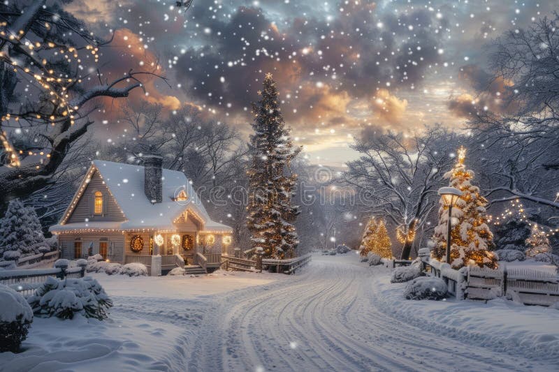 Cozy Snow-covered Cabin with Christmas Lights and Snowfall at Night ...