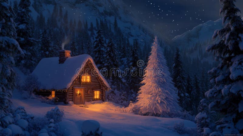 Cozy Snow-covered Cabin Illuminated in a Starry Winter Forest Stock ...
