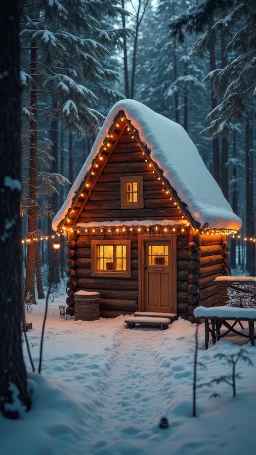 Cozy Snow-covered Cabin in Winter Forest with Warm Glowing Lights Stock ...