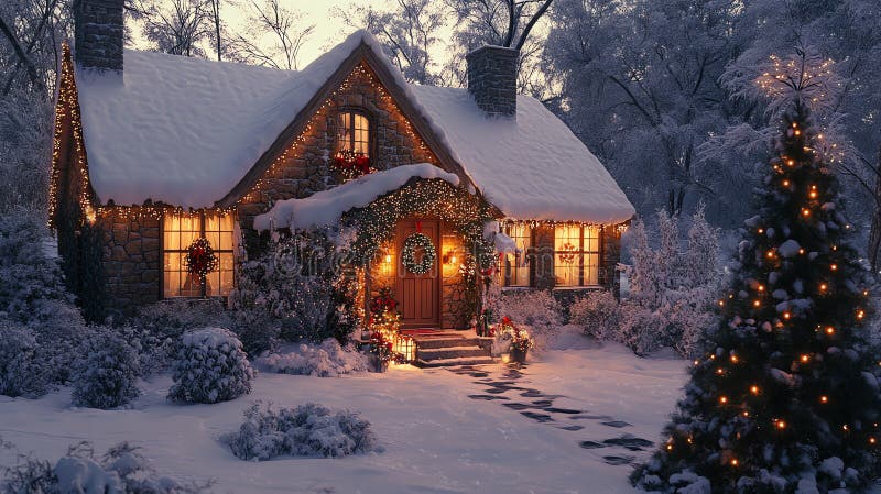 Cozy Snow-Covered Cottage with Christmas Lights and Decorated Tree at ...