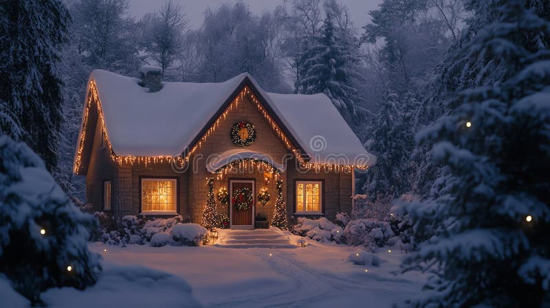 Cozy Snow-Covered Cottage with Christmas Lights and Decorated Tree at ...