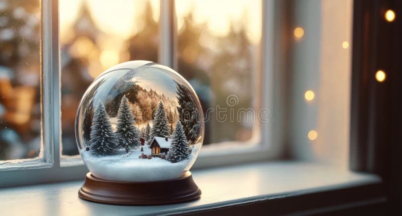A Cozy Snow Globe Featuring Miniature Trees by a Window during Sunset ...