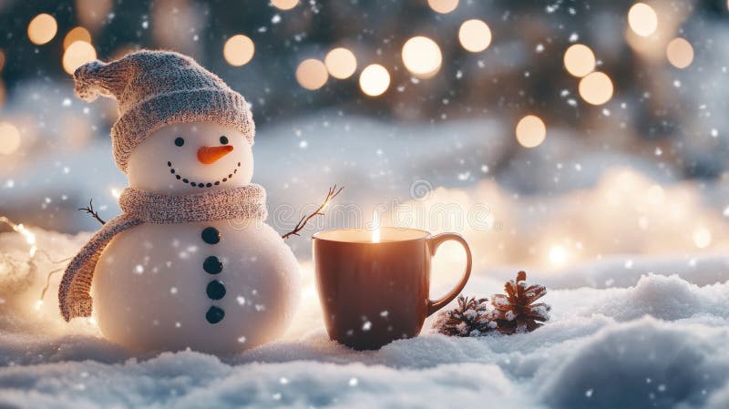 Cozy Snowman with a Candle and Pinecone in Winter Wonderland Night ...