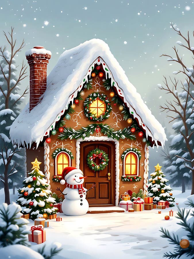 Cozy Snowy Gingerbread House with Festive Decorations and Snowman Stock ...