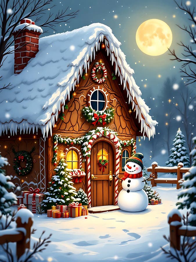 Cozy Snowy Gingerbread House with Festive Decorations and Snowman Stock ...