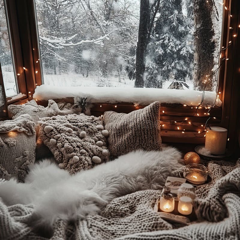 Cozy Snowy Window Seat Winter Scene Lights Relaxation Stock Photos ...