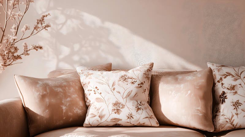 Cozy Sofa with Decorative Pillows in Soft Mocha Tones Featuring Floral ...
