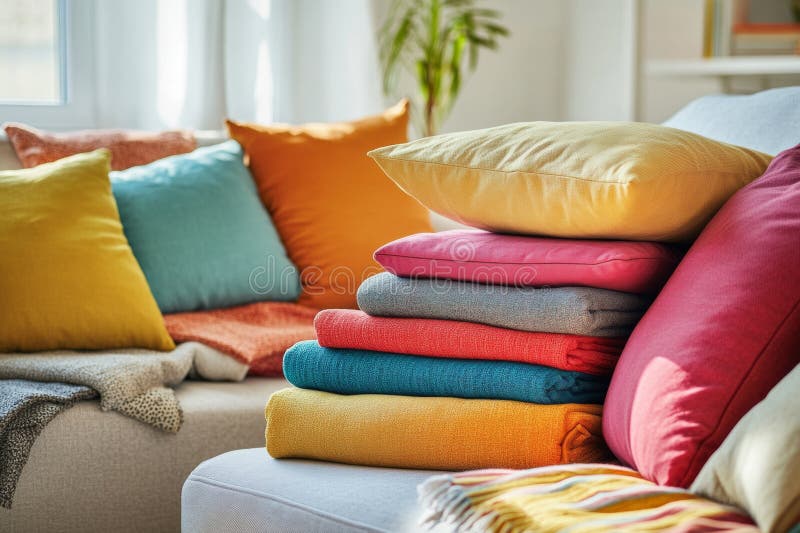 A Cozy Sofa Showcases a Stack of Vibrant Cushions Alongside Neatly ...