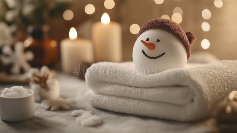 Snowman-themed Spa Setup with Towels and Candles for Winter Relaxation ...
