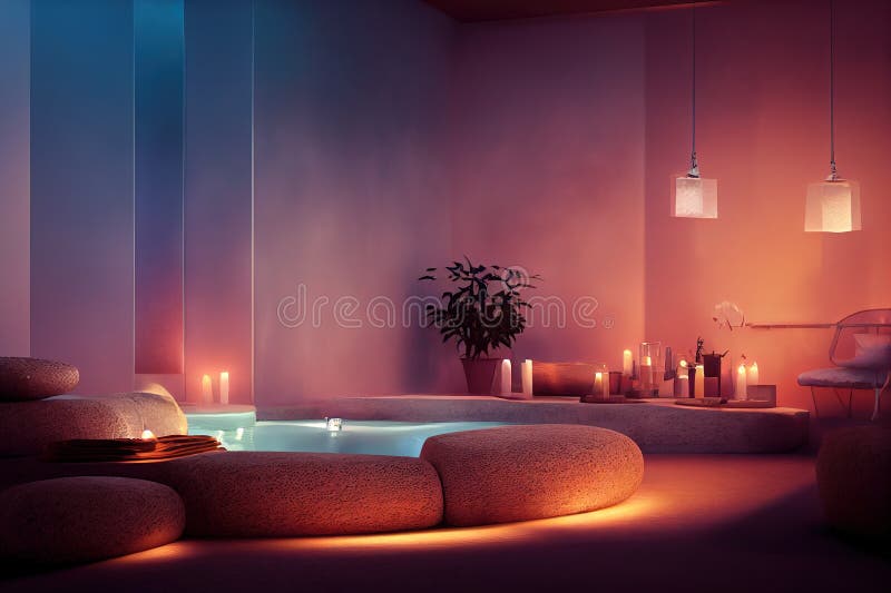 Cozy Spa Interior in Pink Tones with Soft Lighting. 3D Illustration ...