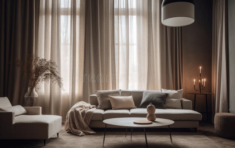 Cozy Space with a Sofa and Long Curtains in Front of the Window ...