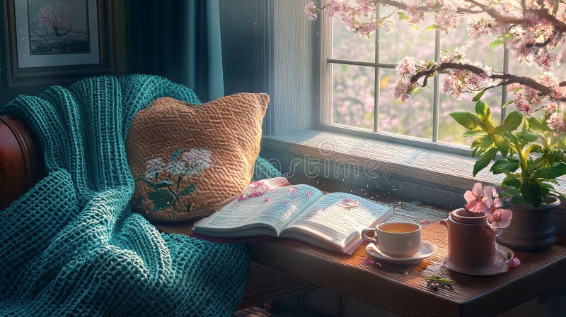 A Cozy Spring Corner with a Blanket, a Cup of Tea, and a Book on a ...