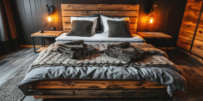 Cozy Spring Interior with a Natural Wood Bed and Warm Lighting in a ...