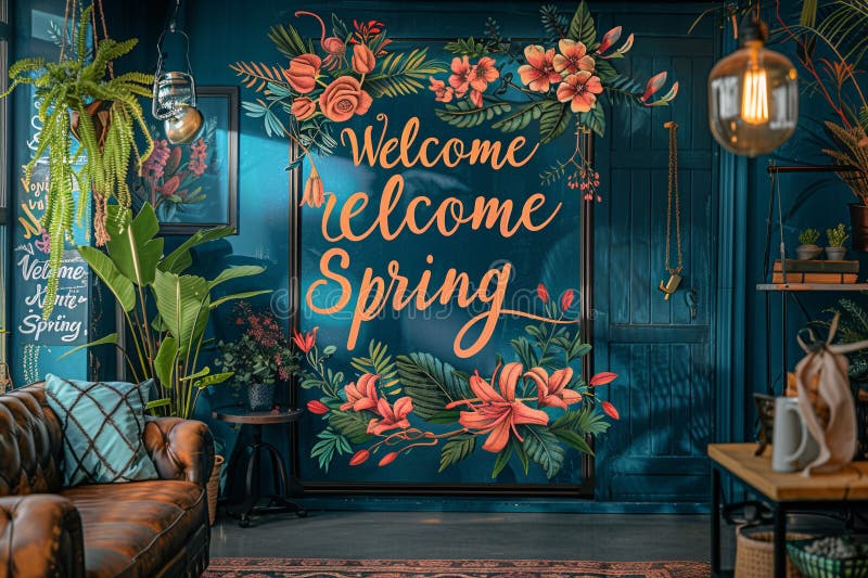 Cozy Spring Interior with Welcome Sign Stock Image - Image of light ...